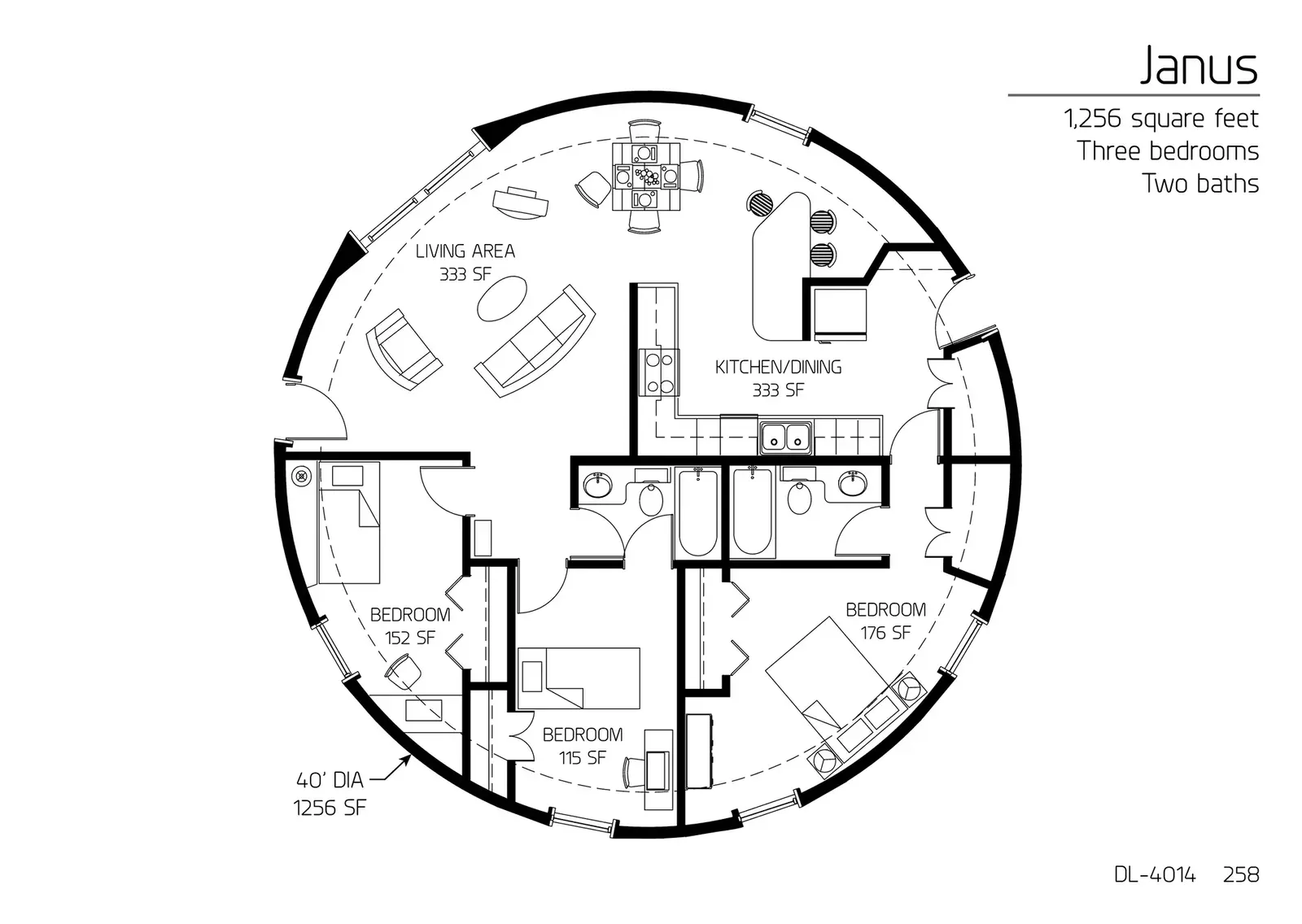 Image: Janus: 40’ Diameter, 1,256 SF, Three-Bedroom, One-Bath Floor ...